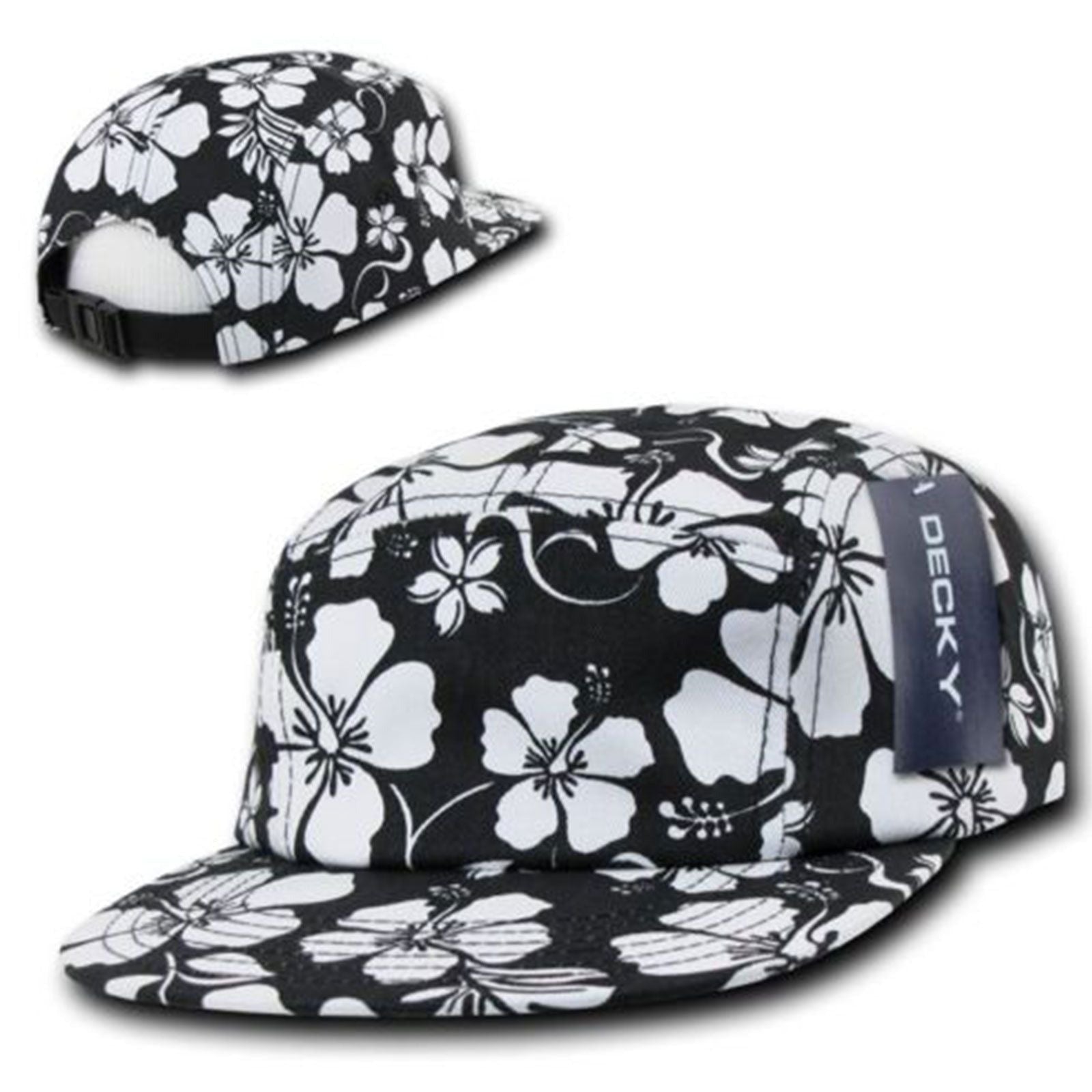 1 Dozen Decky Black & White Floral Hawaiian 5 Panel Cotton Racer Hats