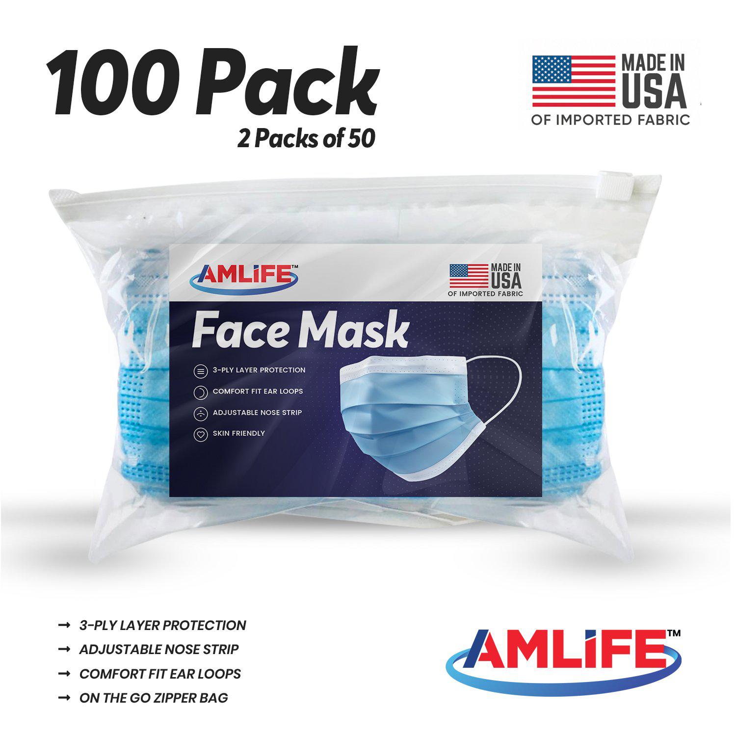 Amlife 100 Pack Face Mask Protective Covering Blue 3-Ply Layer Made in