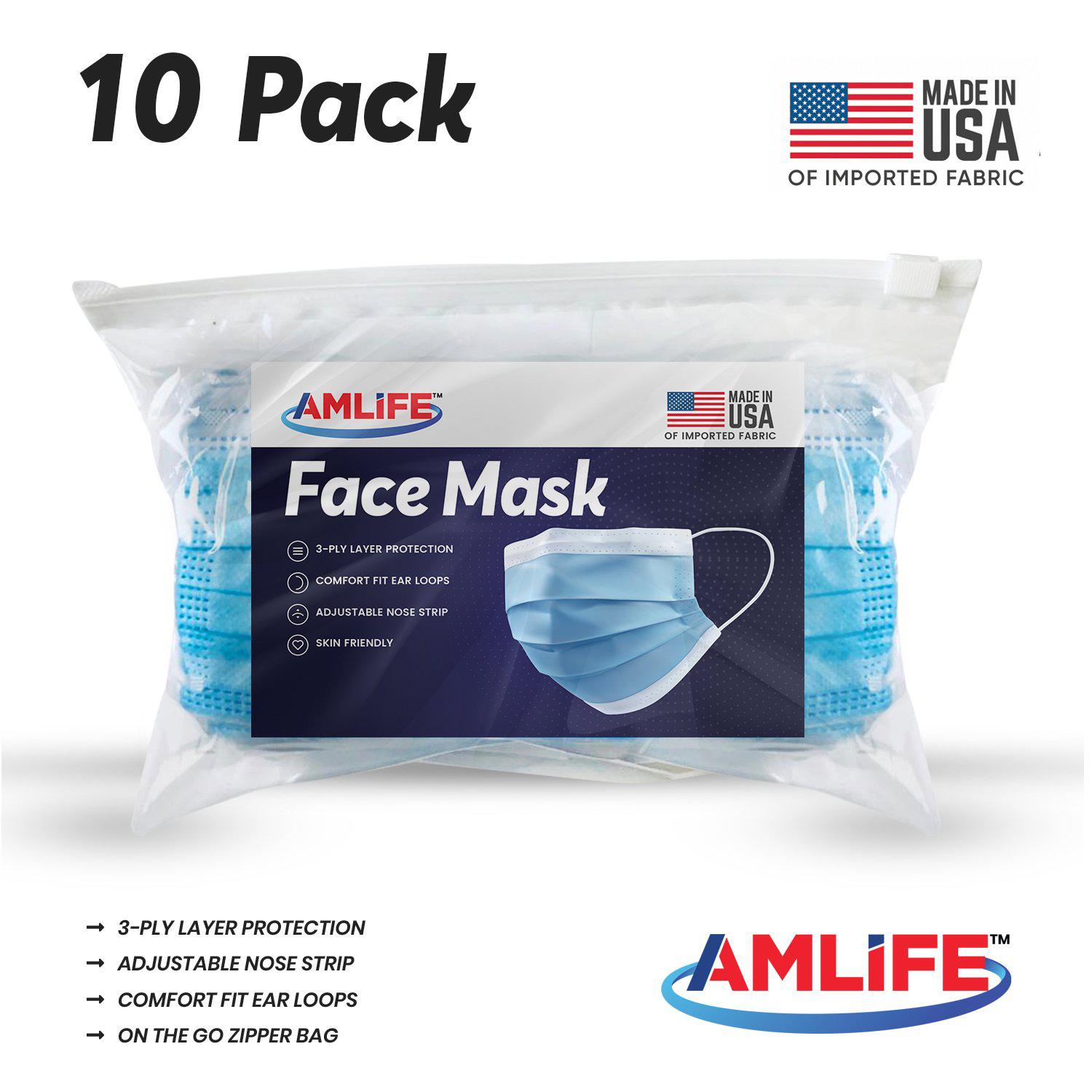 Amlife 10 Pack Face Mask Protective Covering Blue 3-Ply Layer Made in