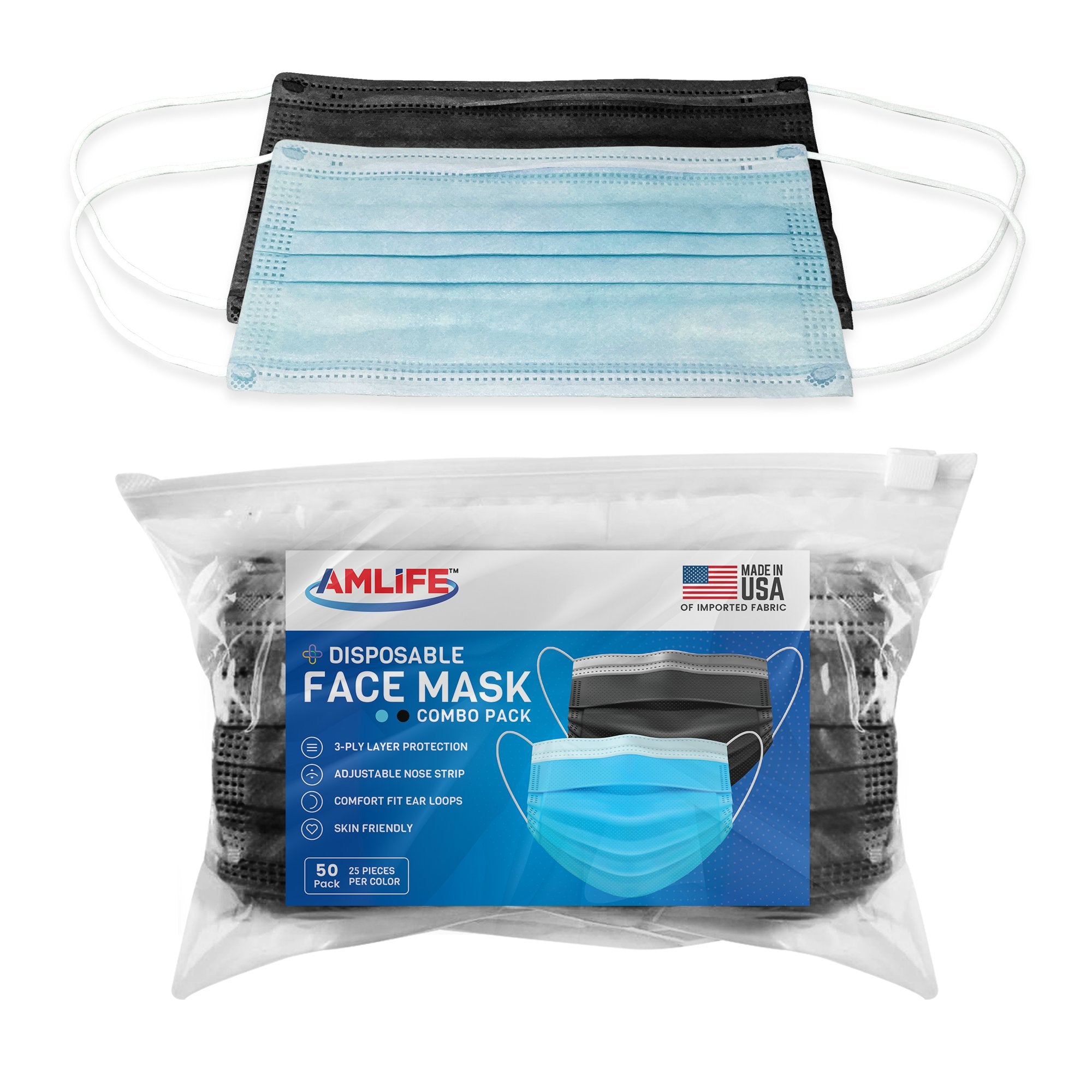 AMLIFE 50 Pack Face Masks Blue-Black Combo 3-Ply Filter - Made in USA