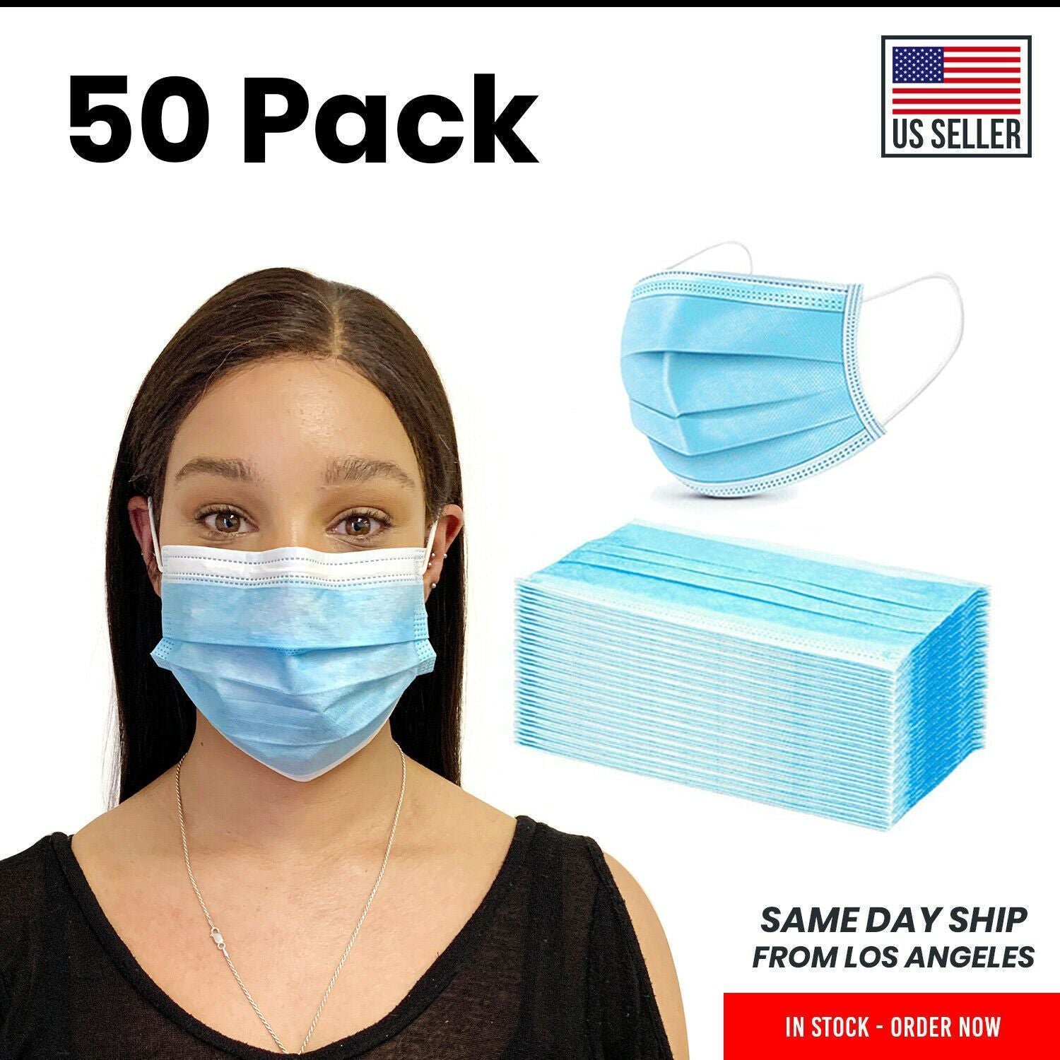 [Combo Pack] 50 Face Mask and 1 Face Shield Blue 3-Ply Mouth Nose Cove