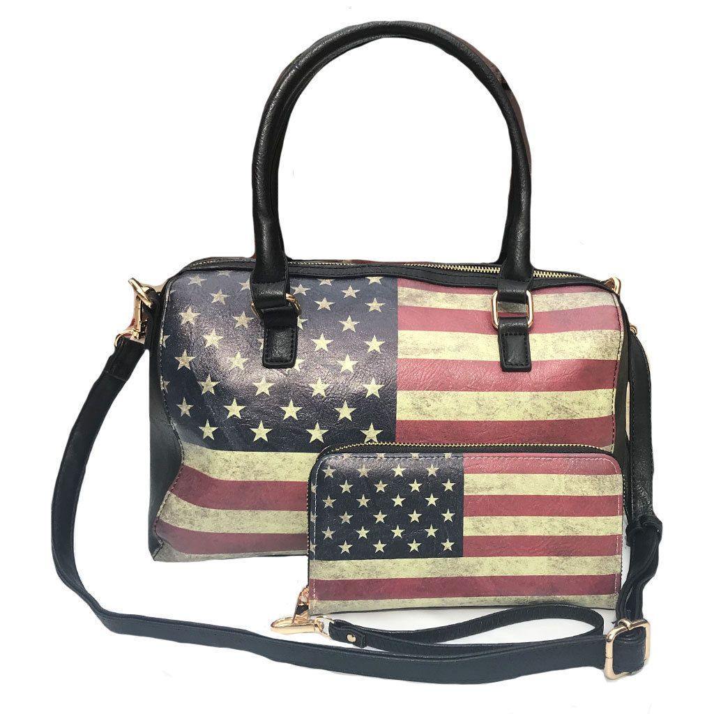 USA Flag Tote Satchel Handbag Wristlet Gift Set For Women Wife Mom Gir