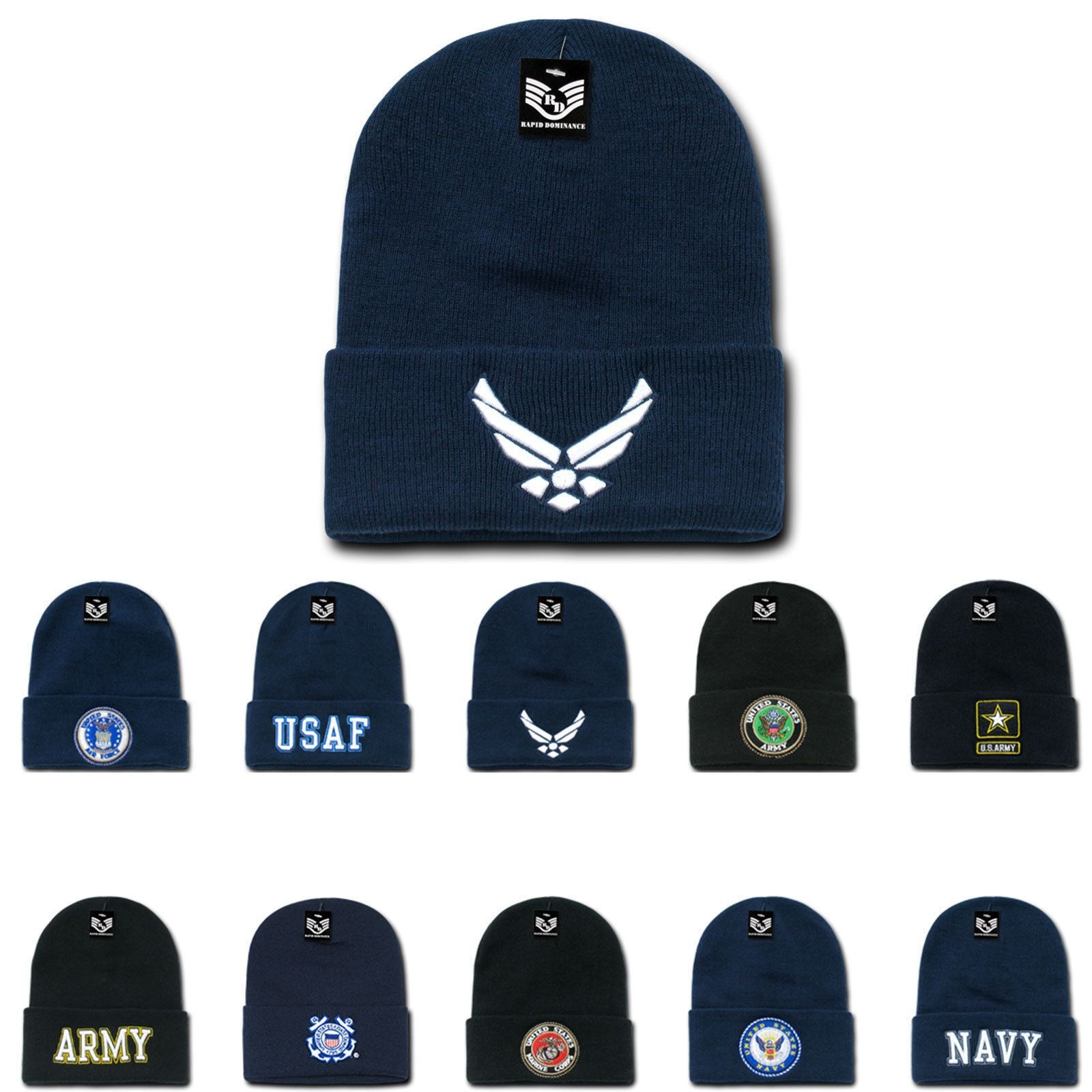 USAF Army USmc Marines Navy Coast Guard Logos Beanies Cuffed Long Knit